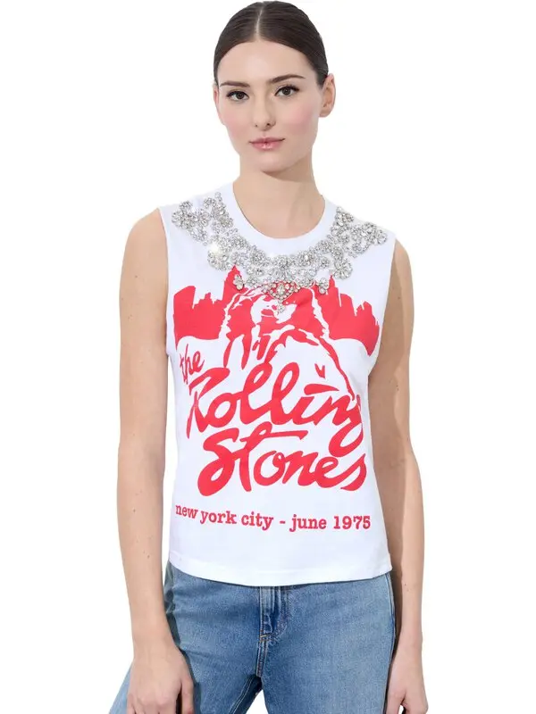 Alice + Olivia Embellished Rolling Stones Muscle Tank - Off White/multi
