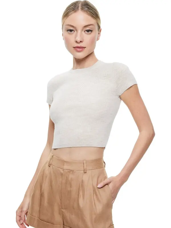 Alice + Olivia Ciara Pullover Ribbed Fine Knit Short Sleeve Top - Ecru