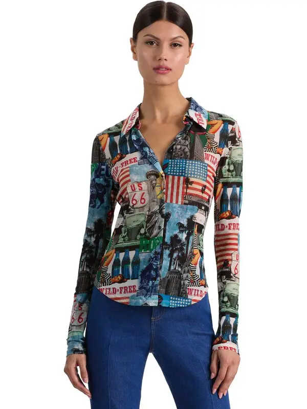 Alice + Olivia Jade Printed Mesh Button-down Shirt - Open Road