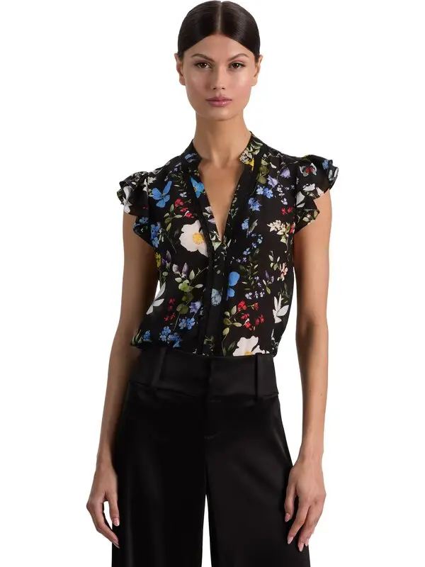 Alice + Olivia Arlette Silk Blouse - Twisting Vines Black