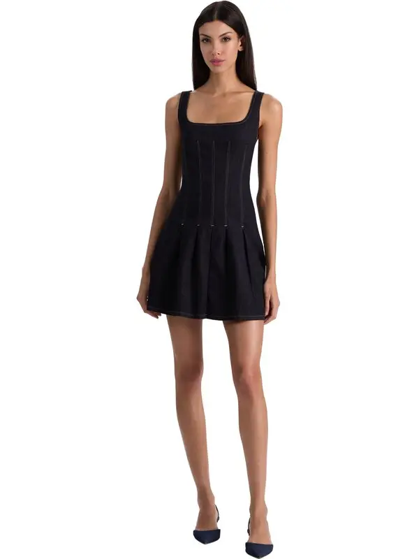 Alice + Olivia Hollis Denim Fit & Flare Mini Dress - Dark Rinse
