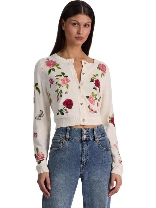 Alice + Olivia Dollie Embroidered Cropped Cardigan - Garden Gossip Off White
