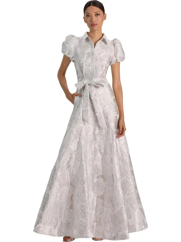 Alice + Olivia Henrietta Maxi Dress Metallic Floral Jacquard - Silver