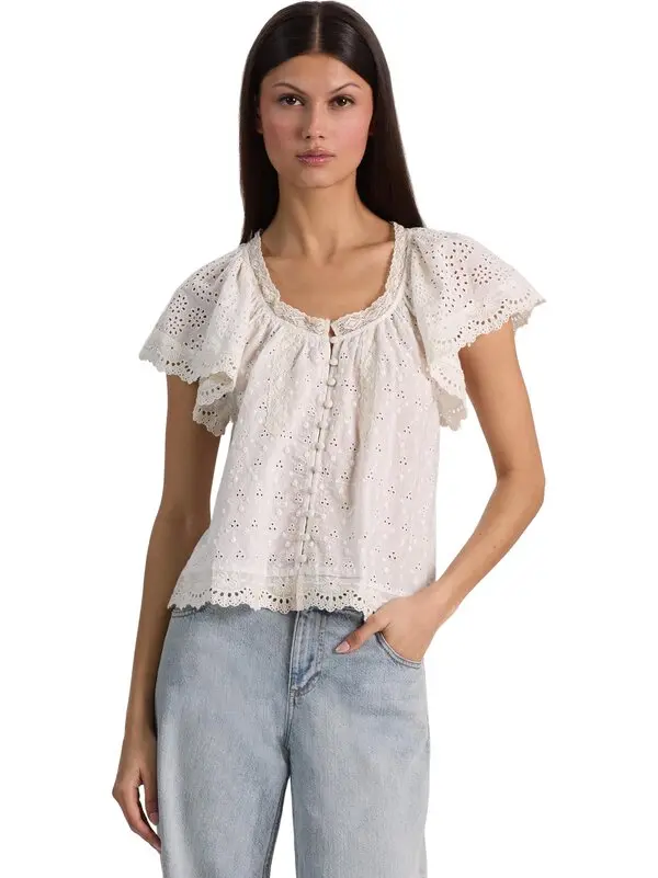 Alice + Olivia Odette Embroidered Eyelet Lace Trim Flutter Sleeve Top - Off White