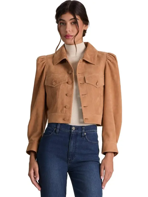 Alice + Olivia Lana Suede Puffed Sleeve Cropped Jacket - Tan