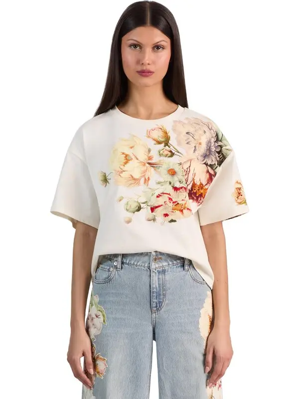 Alice + Olivia Evan Applique Oversized Tee - Ecru/multi