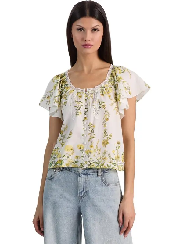 Alice + Olivia Odette Flutter Sleeve Top With Embroidered Lace Trim - Fresh Air Butter