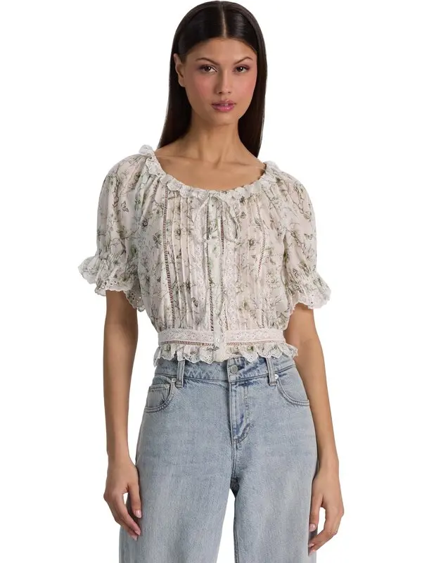 Alice + Olivia Mclaine Puff Sleeve Floral Blouse - Flower Shop Light Sage