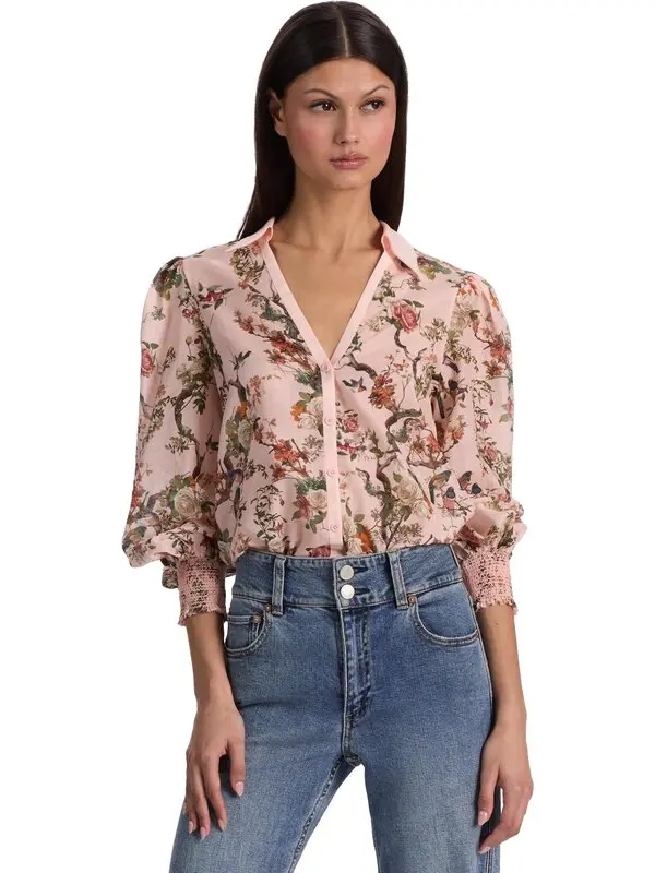 Alice + Olivia Charis Button-down Blouse With Floral Print And Blouson Sleeves - Sunset Grove English Rose