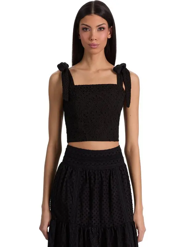 Alice + Olivia Marinda Embroidered Cropped Top With Tie Shoulders - Black
