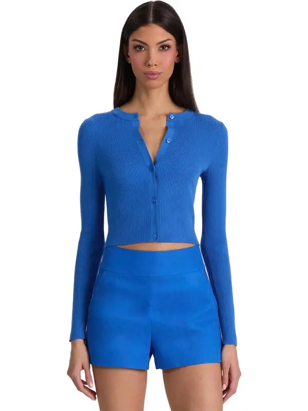 Alice + Olivia Carson Ribbed Knit Cropped Cardigan - Blue Iris
