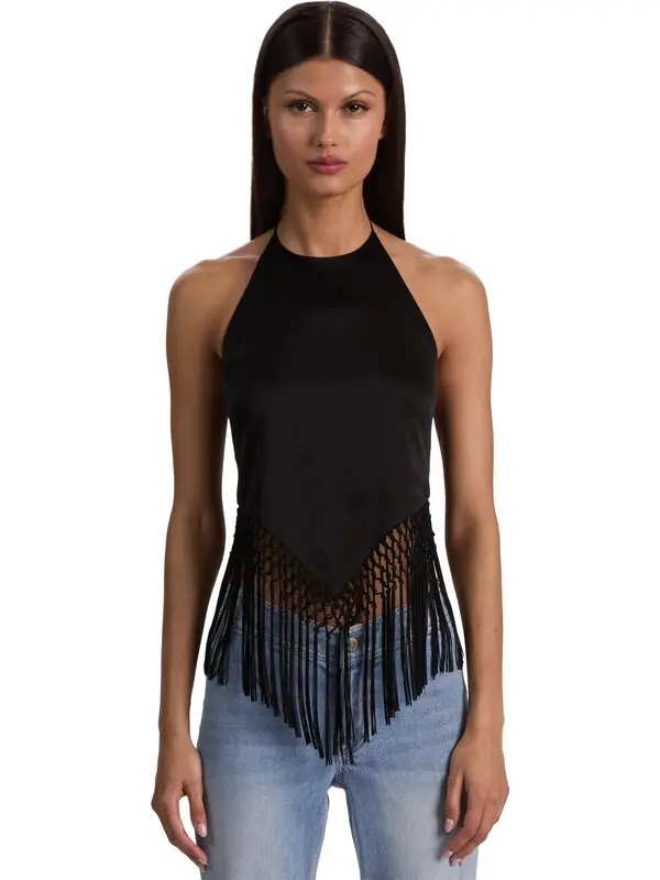 Alice + Olivia Greta Handkerchief Halter Top With Fringe - Black
