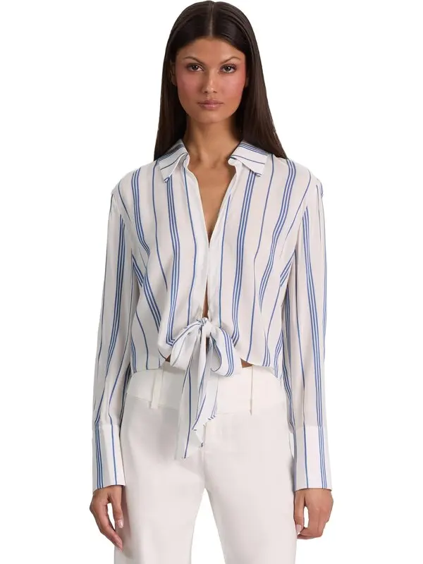 Alice + Olivia Hannon Tie Front Blouse - Off White/blue Iris