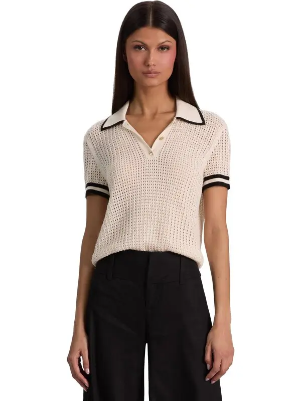 Alice + Olivia Martha Pointelle Knit Cropped Polo Top - Soft White/black