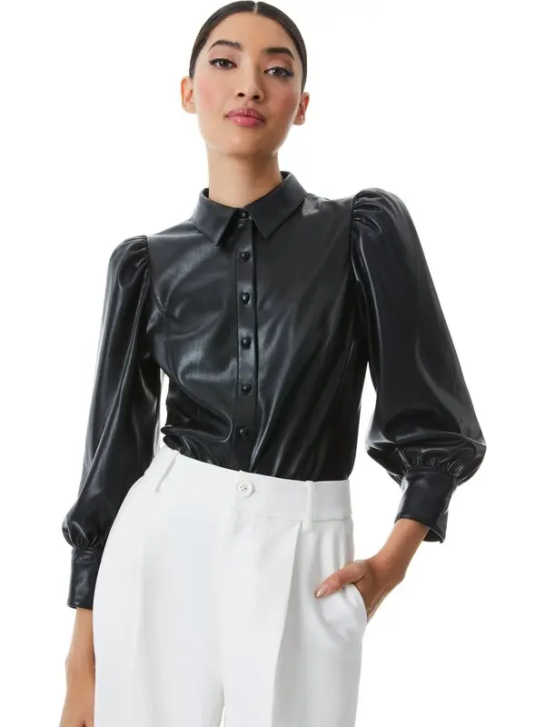Alice + Olivia Nadine Vegan Leather Puff Sleeve Blouse - Black