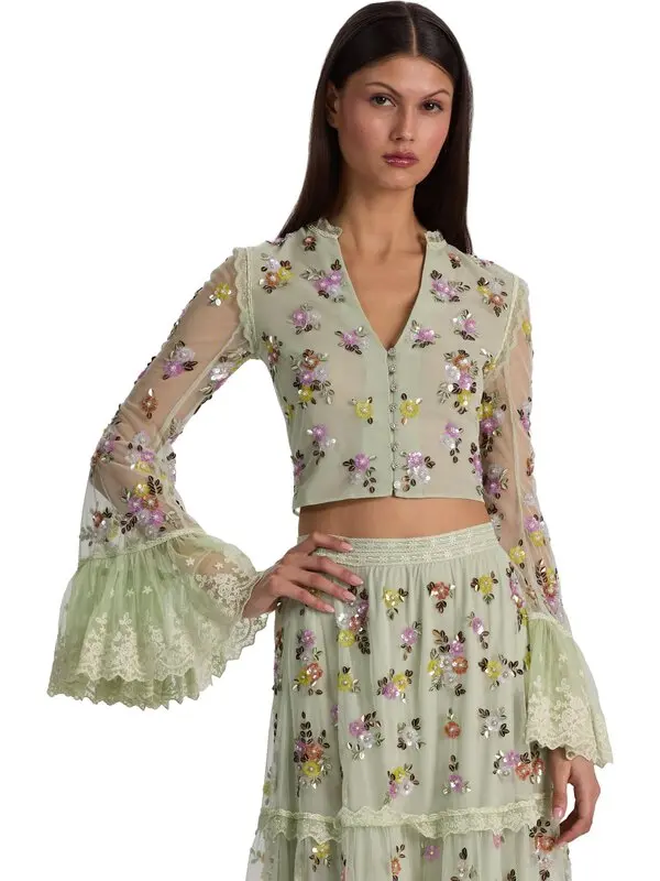 Alice + Olivia Allegra Embellished Ruffle Sleeve Cropped Top - Light Sage Multi