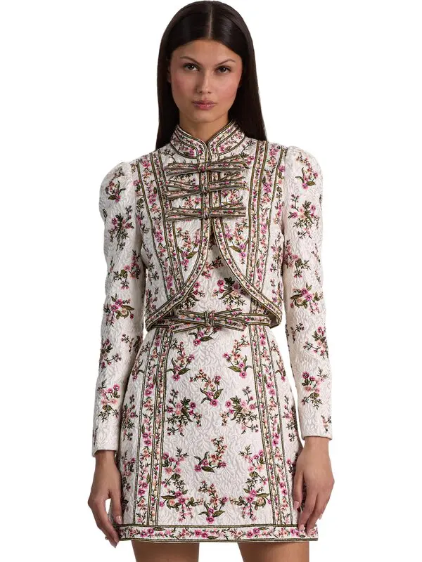 Alice + Olivia Ilaria Embroidered Cropped Jacket With Puff Shoulders - Off White/multi