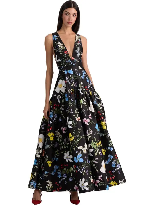 Alice + Olivia Lila Structured Ballgown - Twisting Vines Black
