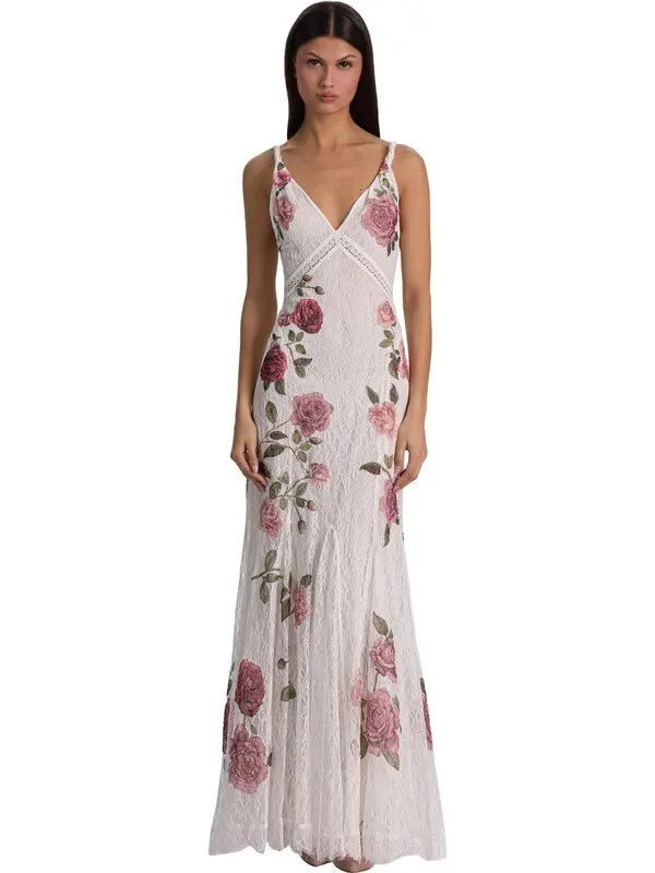 Alice + Olivia Nisa Lace Maxi Gown With Floral Print - Garden Gossip Off White