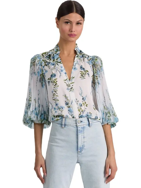 Alice + Olivia Ilan Printed Pleated Sleeve Blouse - Fresh Air Carolina Blue