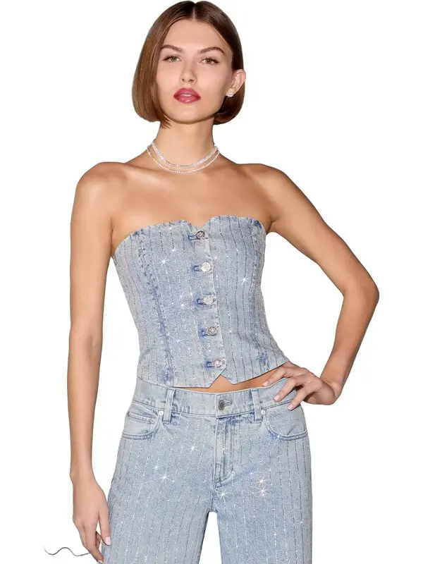 Alice + Olivia Strapless Embellished Denim Vest - Rockstar Blue/clear Crystal Pi