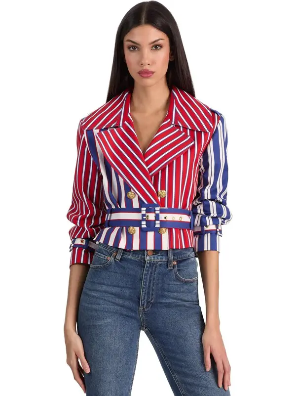 Alice + Olivia Cropped Double Breasted Trench With Stripes - Twilght Blu/chil Pep Mix Strip