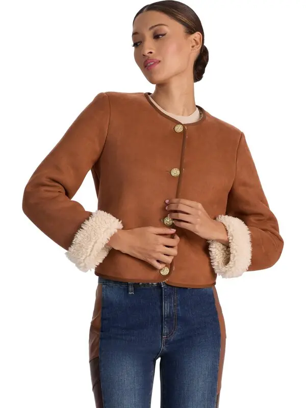 Alice + Olivia Vegan Suede Teddy Jacket With Shearling Lining - Off White/camel