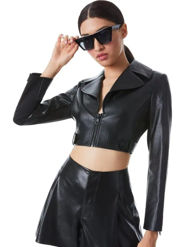 Alice + Olivia Yardley Vegan Leather Cropped Jacket - Black