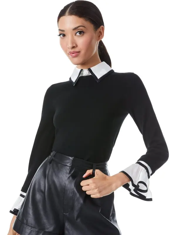 Alice + Olivia Justina Collared Sweater With Ruffled Sleeves - Black Combo