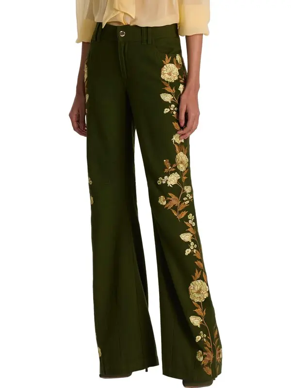 Alice + Olivia Wide Leg Embroidered Pants - Dark Olive/multi