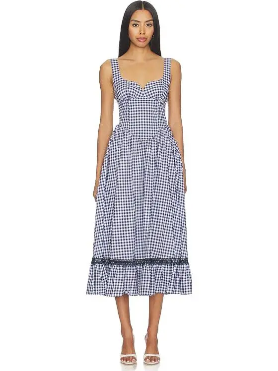 Peixoto Lace Trimmed Midi Dress - Navy Gingham