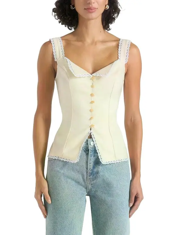 Manière De Voir Pale Yellow Lace-trim Corset Cami Top - Neutrals