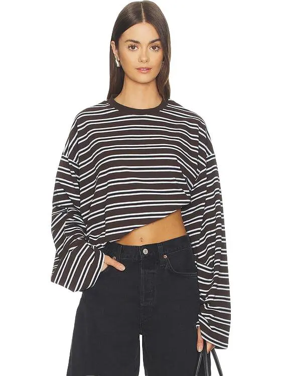 WeWoreWhat Striped Cropped Crewneck Long Sleeve Top - Espresso & Baby Blue
