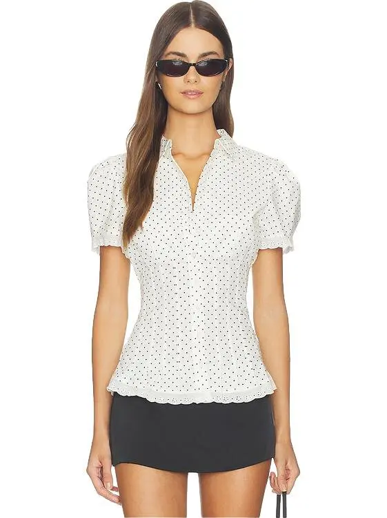 WeWoreWhat Cinched Button Up Top With Lace Trim - White & Black