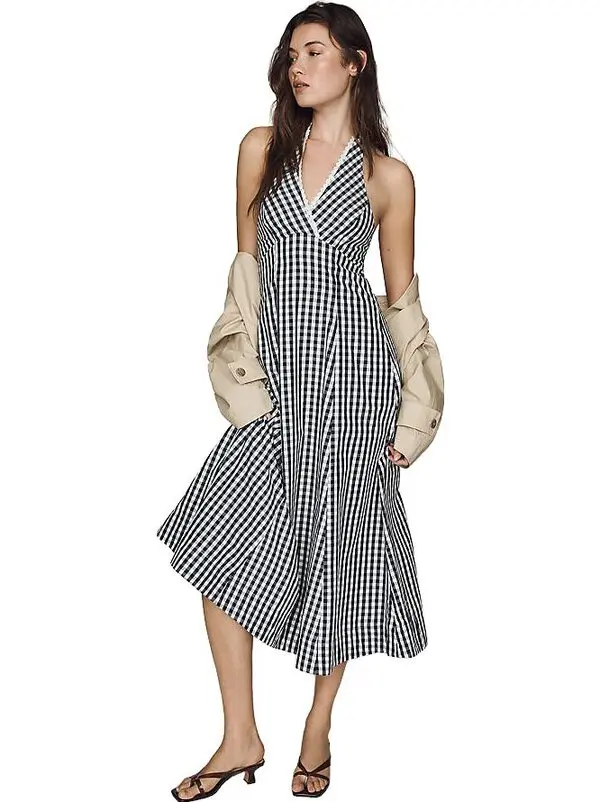 Maeve Cotton Halter Midi Dress - Black & White Gingham
