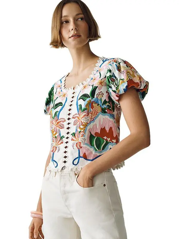 Farm Rio Garden Of Life Blouse With Puff Sleeves And Picot Trim - Garden Of Life Scarf Off-white