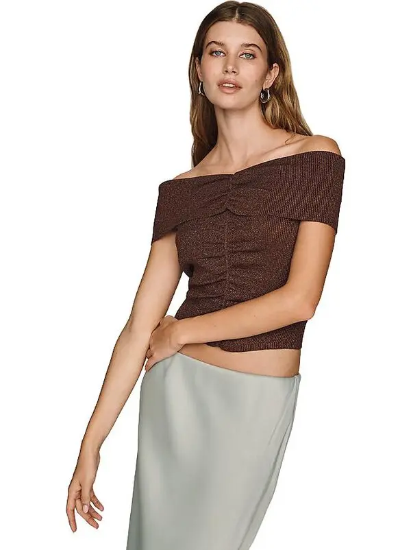 Anthropologie Off-shoulder Shine Knit Top - Rum Raisin