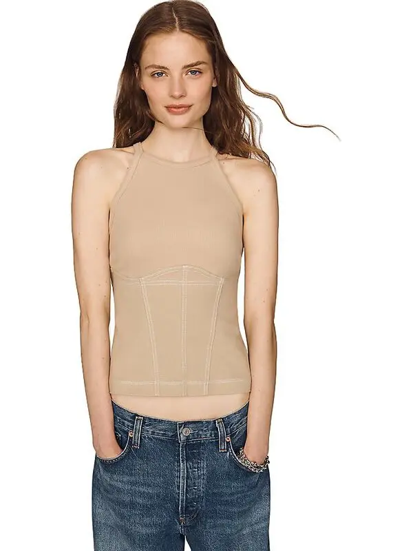 PILCRO High-neck Tank Top With Contrast Stitching - Beige