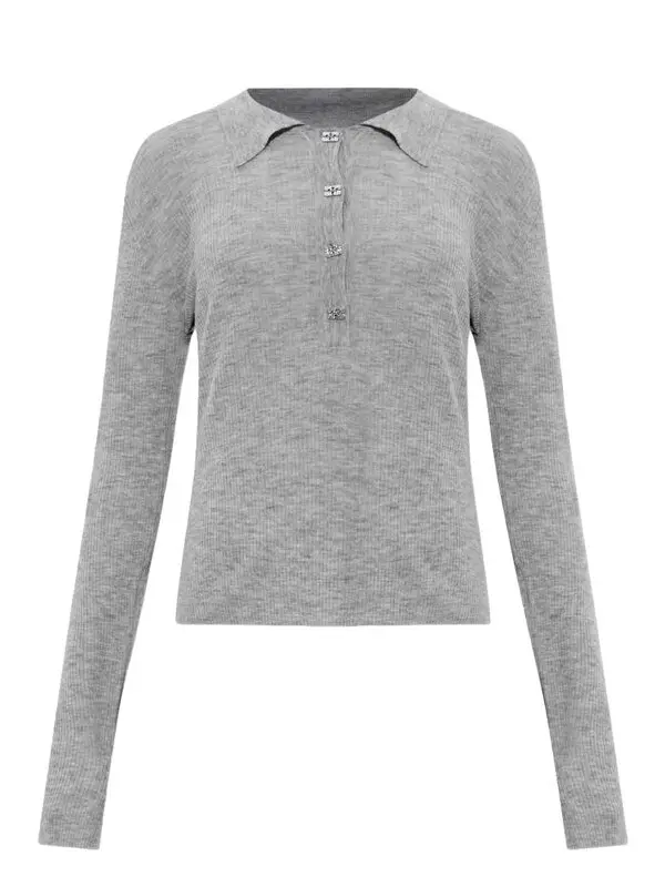 GANNI Ribbed Knit Polo Top - Grey