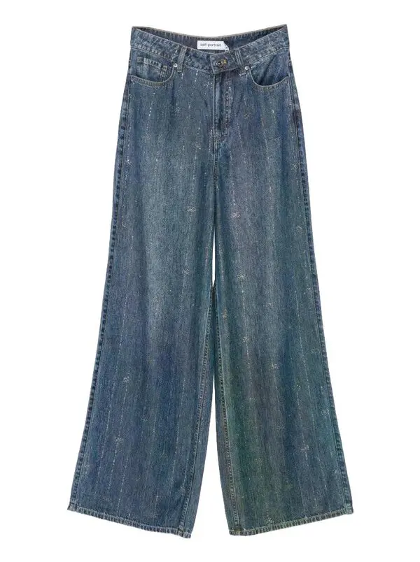 SELF-PORTRAIT Rhinestone Embellished Wide-leg Jeans - Blue