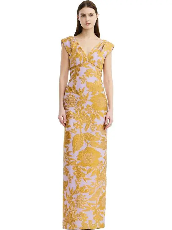 Lela Rose Floral Fil Coupe V-neck Gown - Floral / Pink