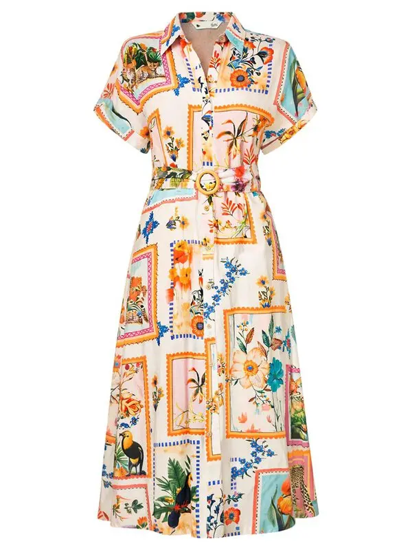 YUMI Tropical Postcard Print Relaxed Midi Shirt Dress - White