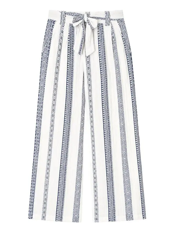 YUMI Linen Mix Cropped Trousers With Tie Belt - White