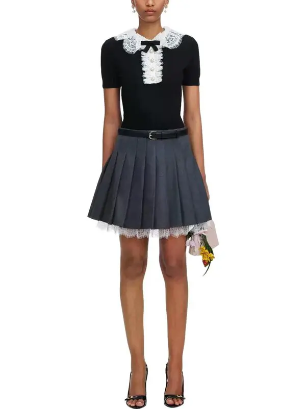 SELF-PORTRAIT Lace-collar Polo Top - Grey
