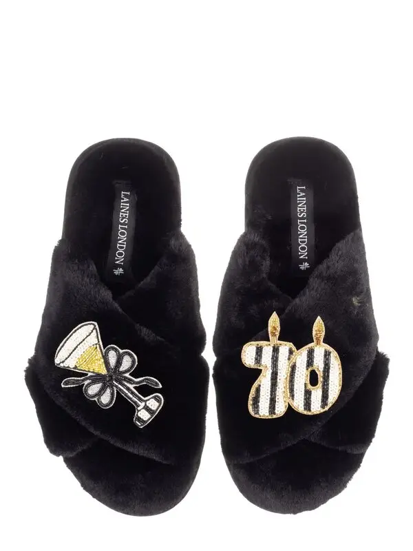 LAINES LONDON Embellished Faux Fur Cross Strap Slippers - Black