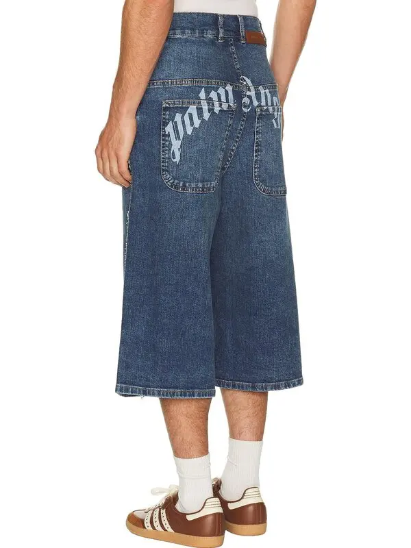Palm Angels Curved Logo Denim Skater Short - Medium Blue