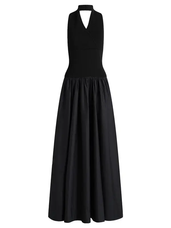 ST. AGNI Knit Halter Maxi Dress With Gathered Waist - Black