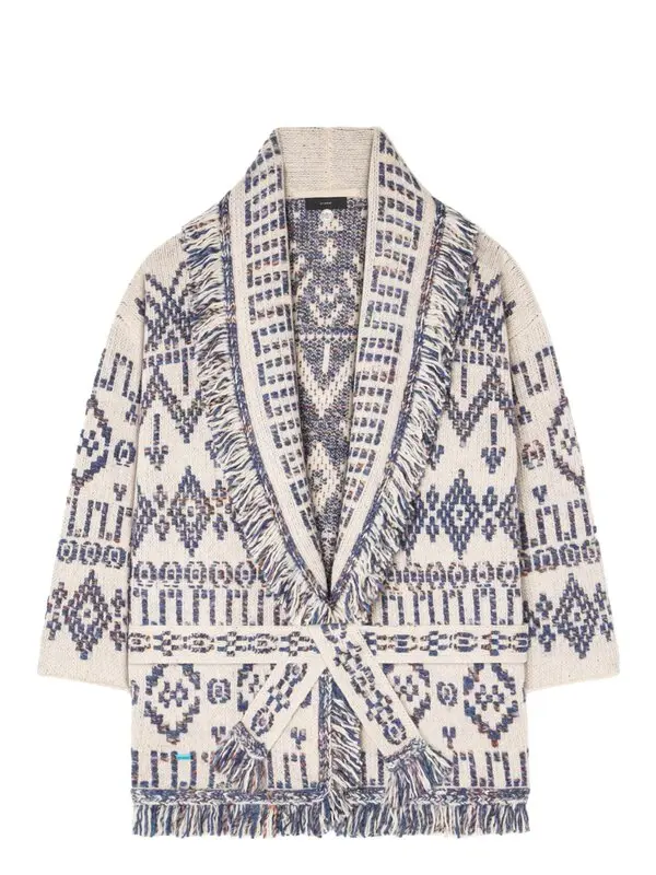 Alanui Geometric Pattern Belted Cardigan With Tassel Trims - Chalk-denim