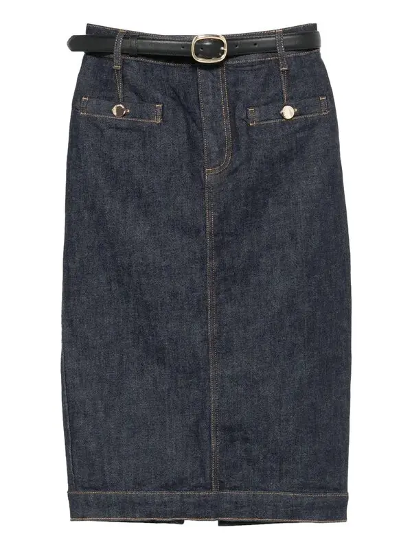 SELF-PORTRAIT Denim Pencil Skirt With Leather Belt - Blue