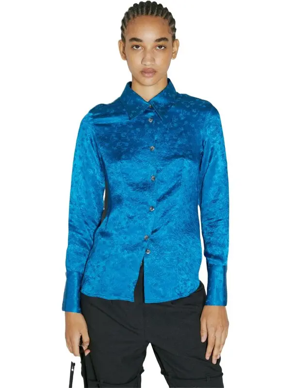 SONG FOR THE MUTE Floral Embroidered Crinkle Fitted Shirt - Blue